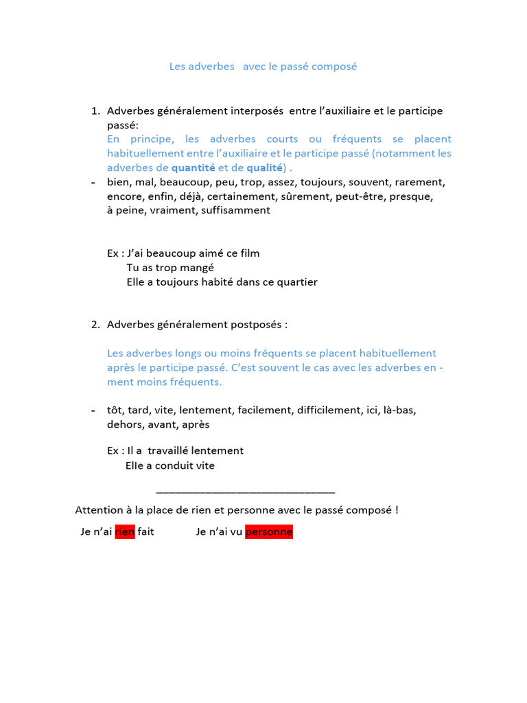 Adverbes et passé composé : règles clés | PDF | Arts du langage et ...