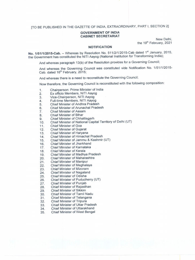 Reconstitution of Governing Council Cabinet Secretariat Notification ...