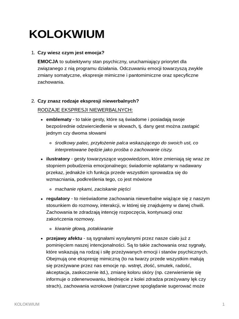 Kolokwium Opracowanie Pytan Psychologia Emocji I Motywacjisemestr Letni ...