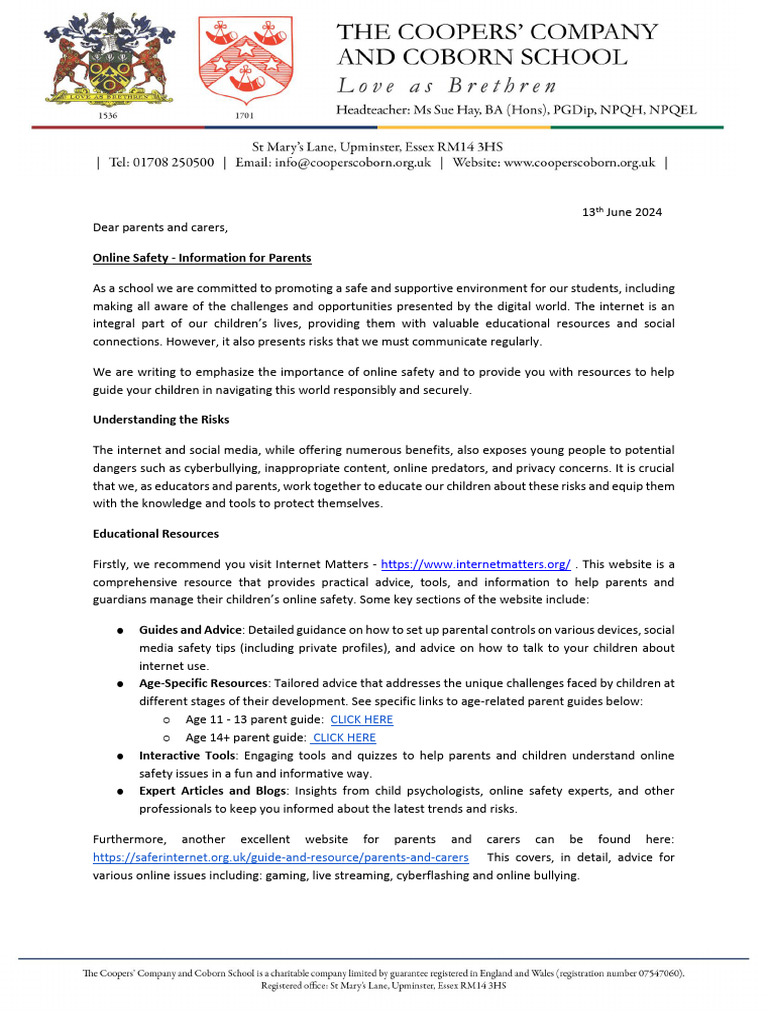 Online Safety Letter | PDF | Internet | Social Media