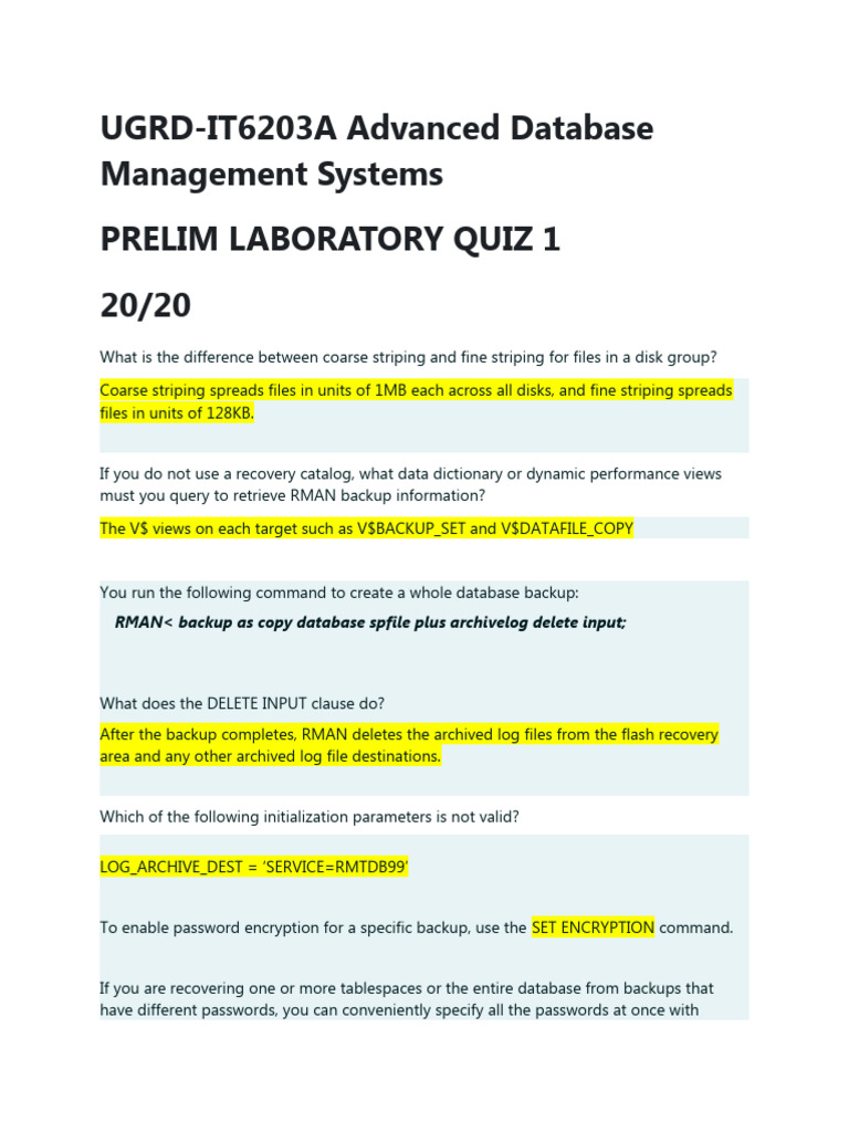 Advanced Database Management Systems QUIZZES | PDF | Databases | Backup Advanced Database Management Systems QUIZZES | PDF | Databases | Backup