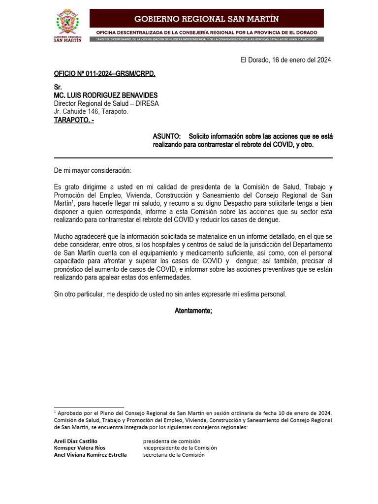 OFICIO N 011 - 2024 - Solicito Información Referente A Las Acciones ...