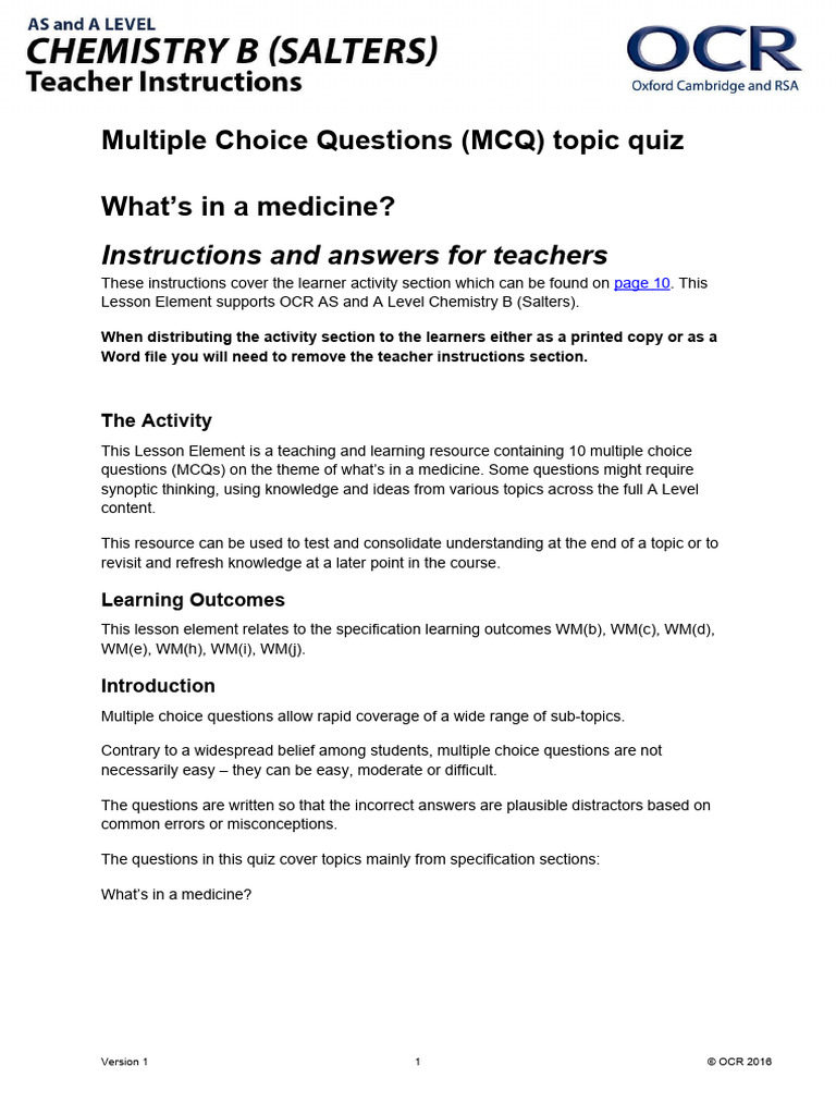 Chemistry MCQ Quiz: Medicine Topics | PDF | Molecules | Ester