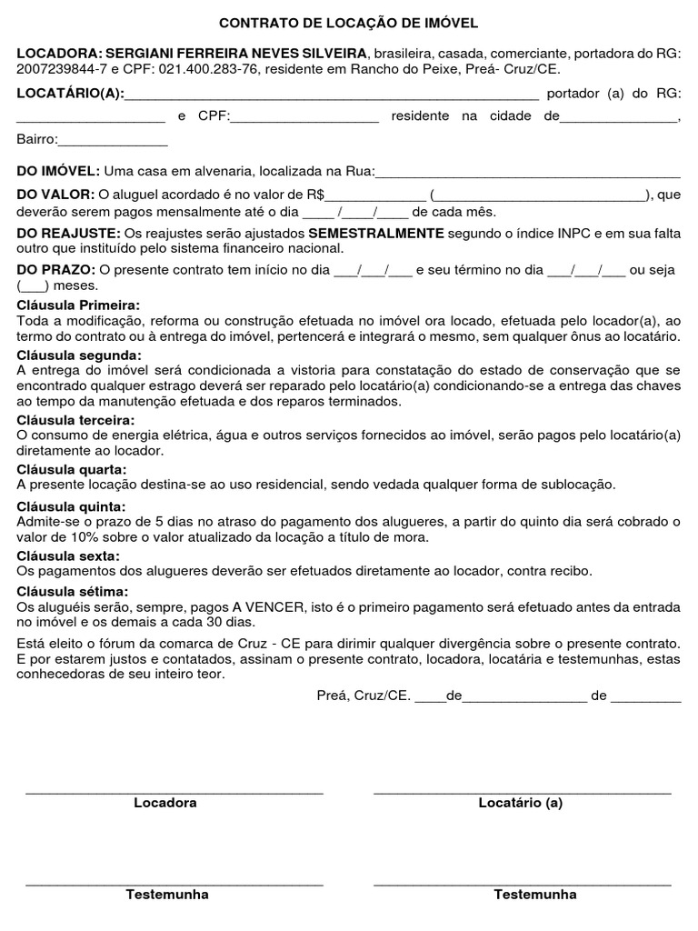 CONTRATO DE LOCAÇÃO DE IMÓVEL | Download grátis PDF | Aluguel