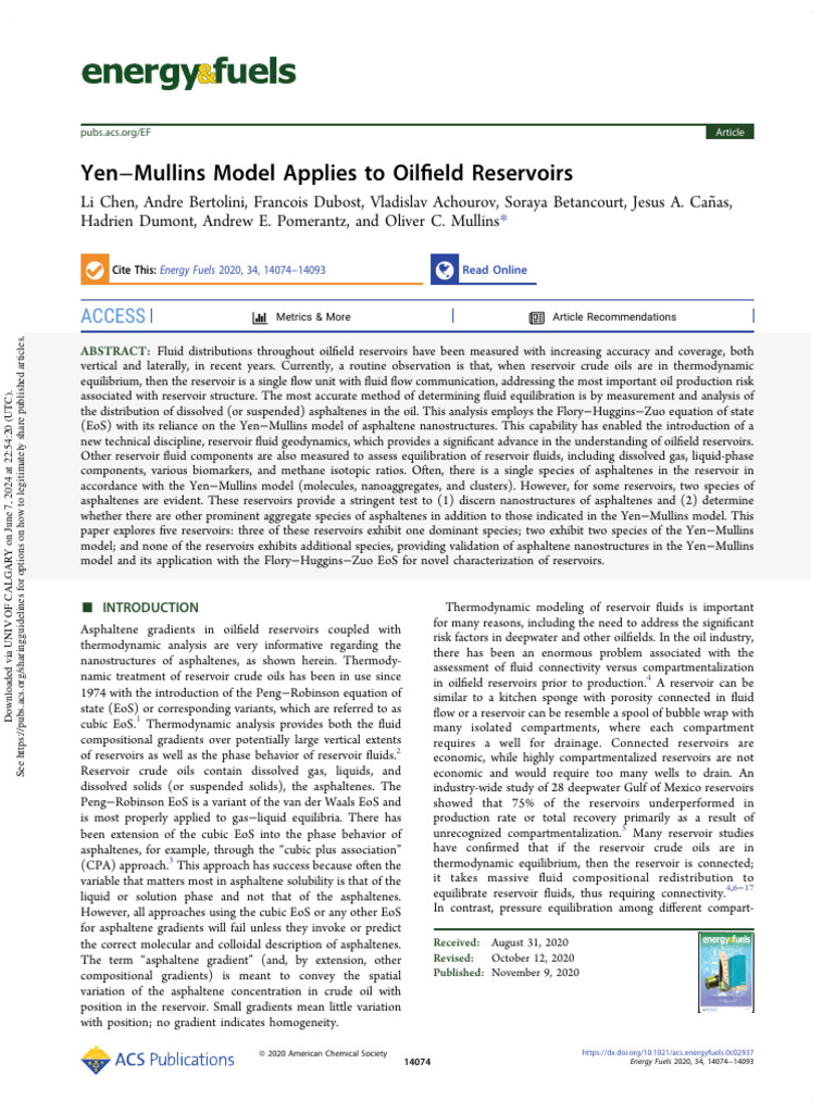 Chen Et Al 2020 Yen Mullins Model Applies To Oilfield Reservoirs | PDF ...