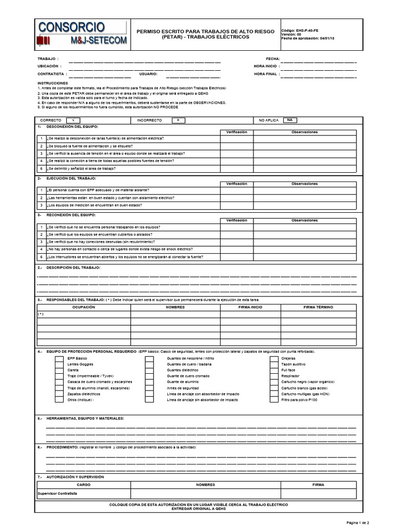 EHS P 40 FE Permiso Escrito para Trabajos de Alto Riesgo Petar Trabajos | PDF | Aislador ...