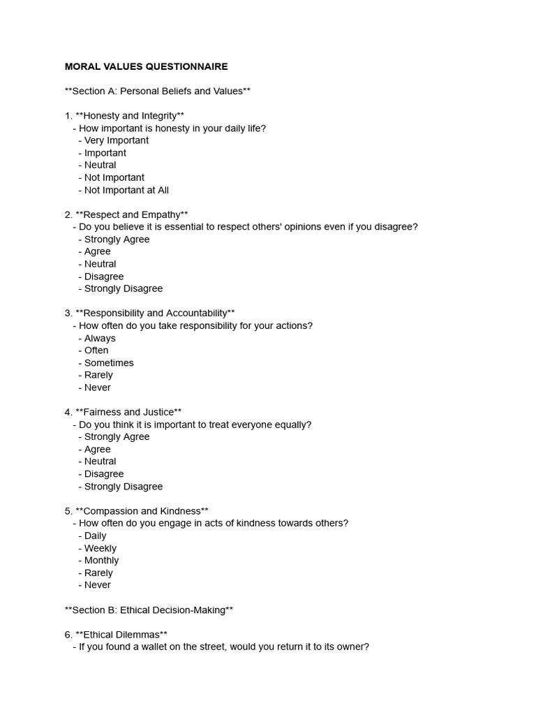 Moral Values Questionnaire Overview | PDF | Morality | Liberal Arts ...