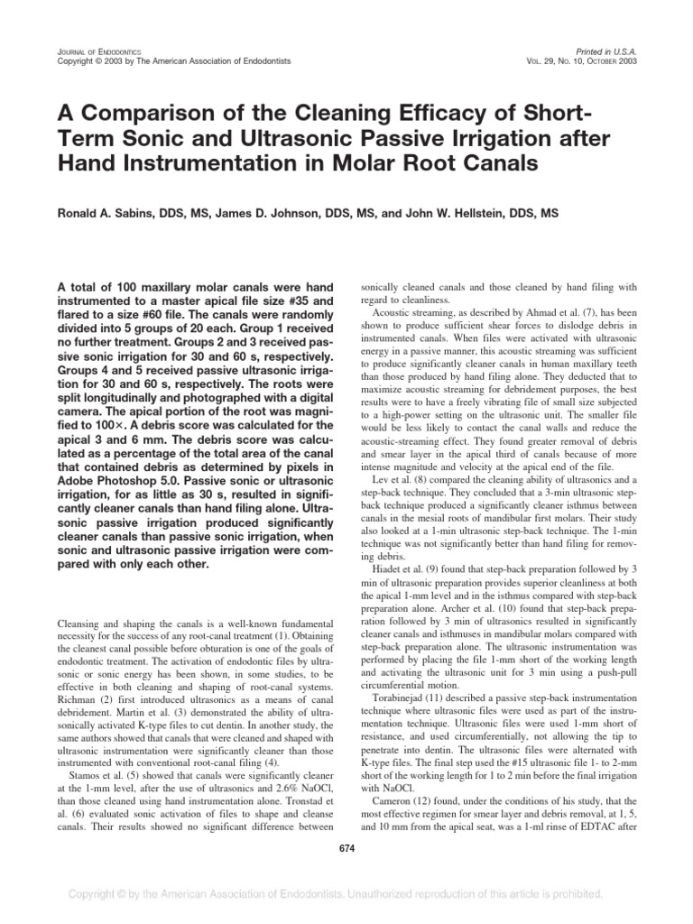 A Comparison of The Cleaning Efficacy of Short-Term Sonic and Ultrasonic Passive Irrigation ...
