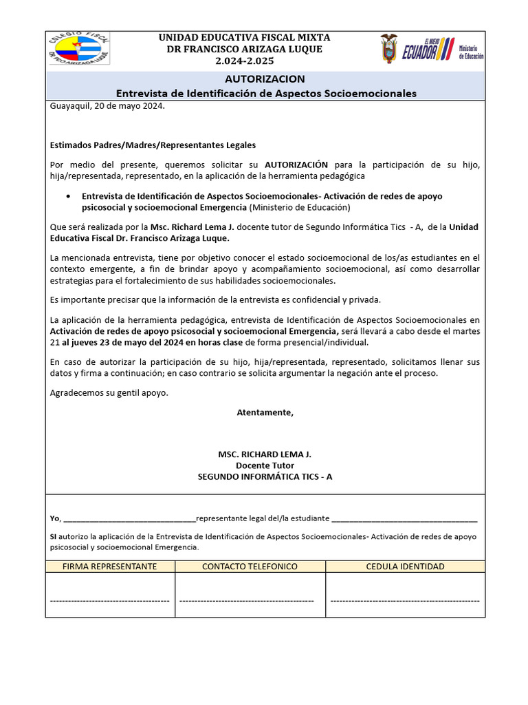 Autorizacion Entrevista 2024 - 2do Inf A - 240523 - 173122 | PDF ...