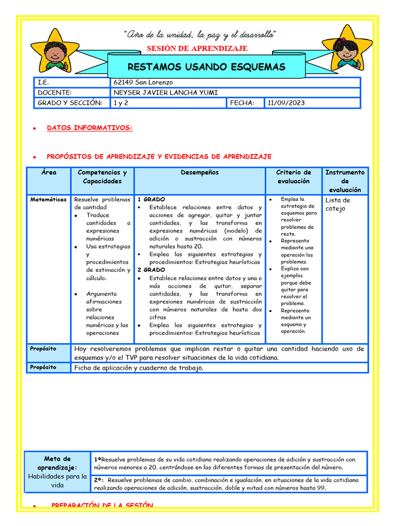 III E8 s3 Sesion d2 Mat Restamos Usando Esquemas | PDF | Sustracción | Evaluación