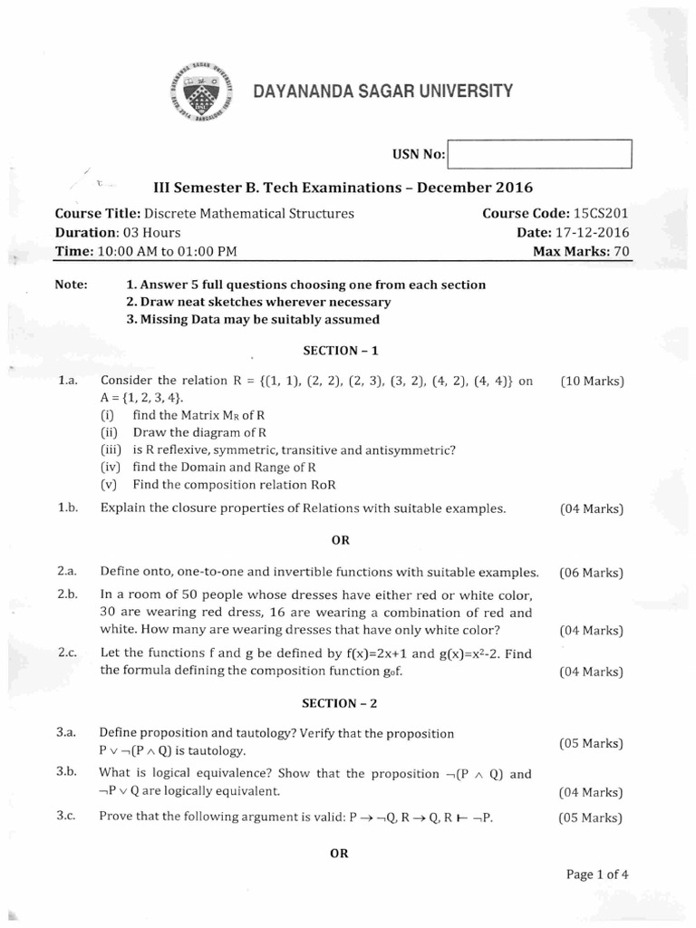 Discreate Mathematics Question Paper 2016 | PDF