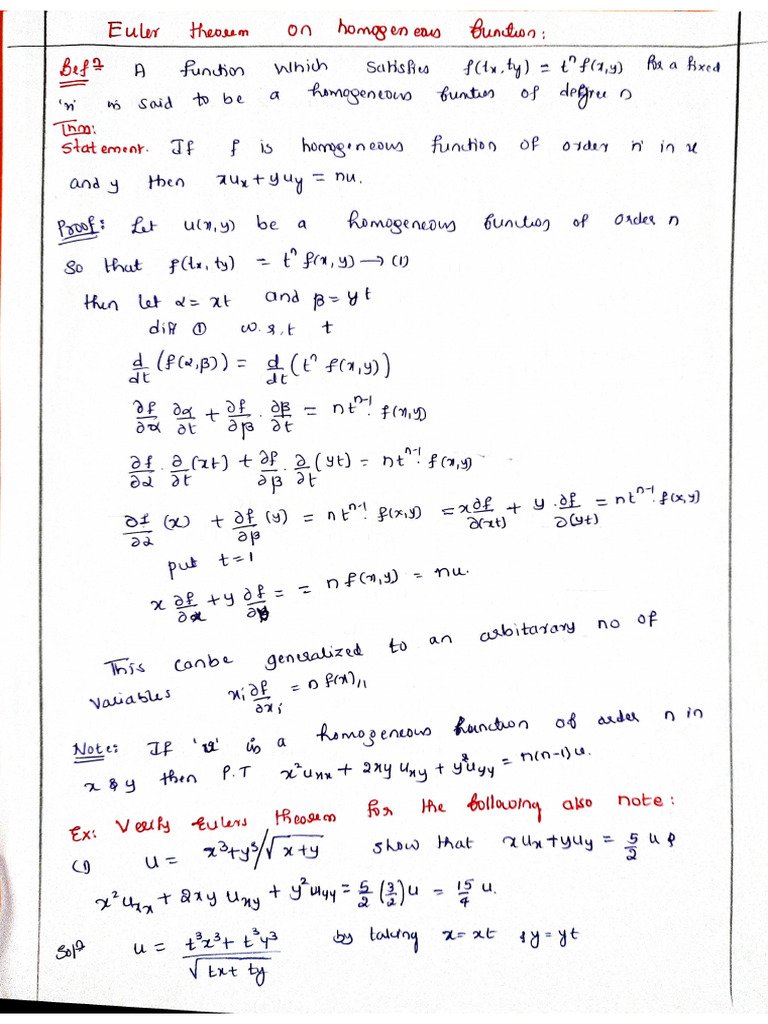Euler Theorem On Homogeneous Function of Calculus | PDF
