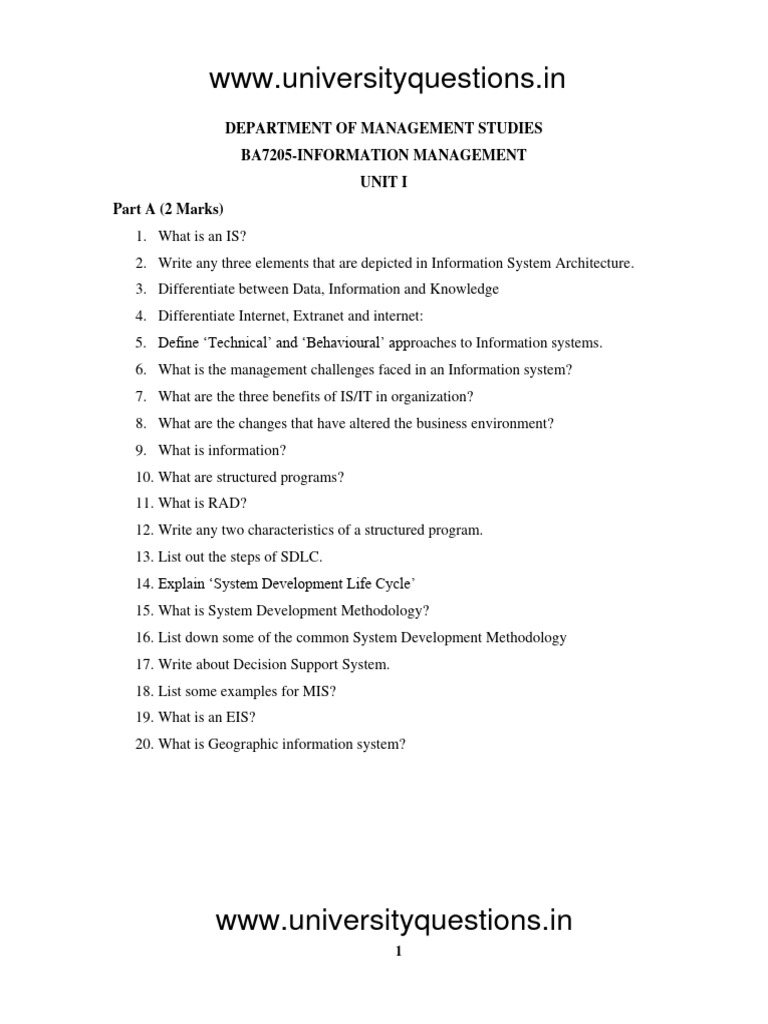 Information Management Question Bank Master of Business Administration ...