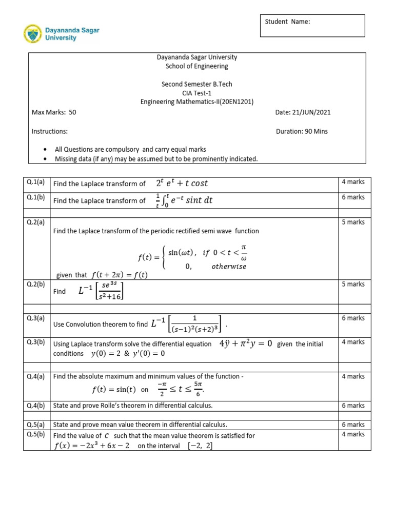 Mid Term Mathematics Exam Question Paper 2nd Sem of Calculus | PDF ...