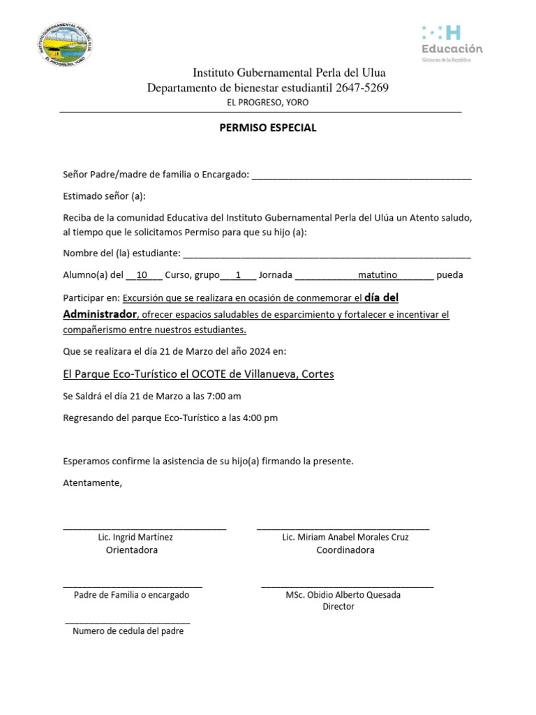 Permiso Excursión Estudiantil 2024 | PDF | Crecimiento personal y profesional | Estilo de vida