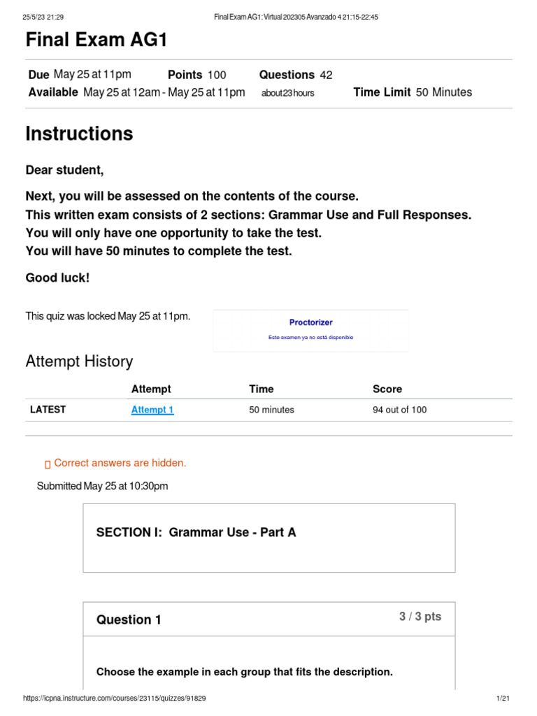Final Exam AG1 - Virtual 202305 Avanzado 4 21 - 15-22 - 45 9 | PDF