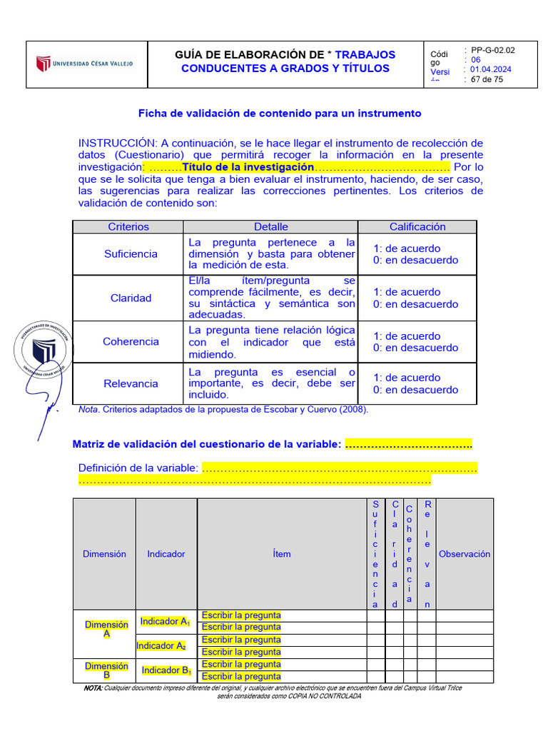 Ficha de Validación - RVI N°081-2024-VI-UCV 01abri24-1 | PDF | Cuestionario