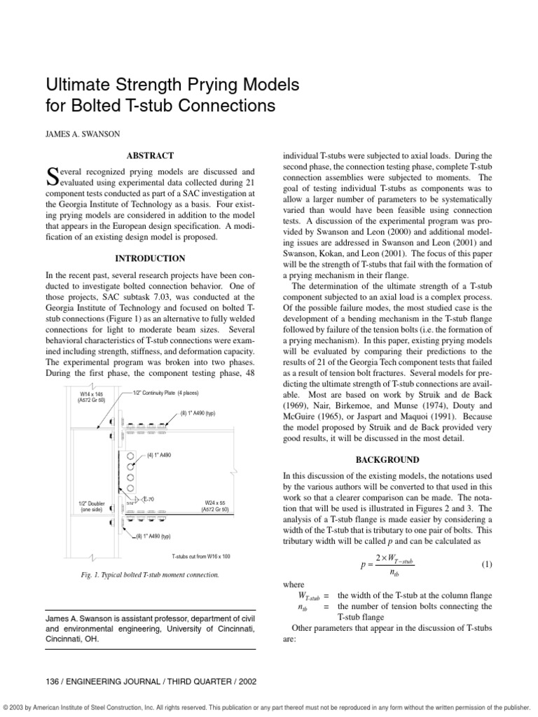 Ultimate Strength Prying Models For Bolted T-Stub Connections - Swanson ...