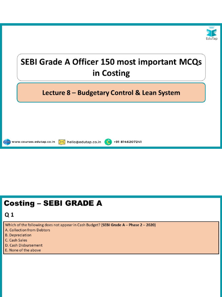 Lecture 8 Budgetary Control & Lean System 150 Most Imp MCQs | PDF