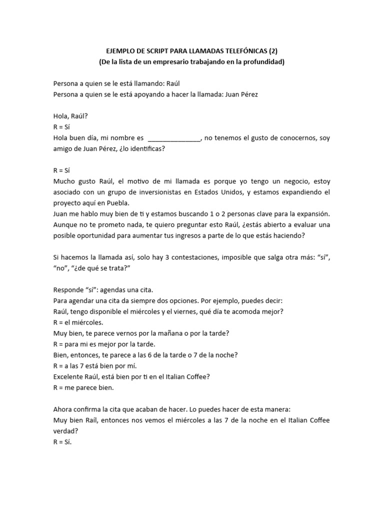 EJEMPLO DE SCRIPT PARA LLAMADAS TELEFÓNICAS (2) | PDF