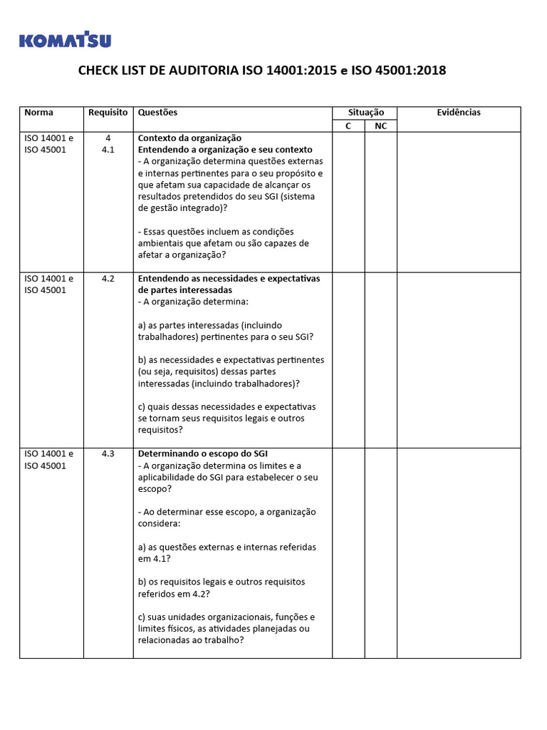 CHECK LIST DE AUDITORIA ISO 14001 E ISO 45001 | PDF | Liderança ...