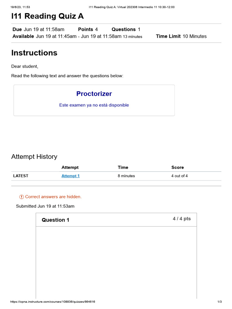 I11 Reading Quiz A - Virtual 202306 Intermedio 11 10 - 30-12 - 00 | PDF