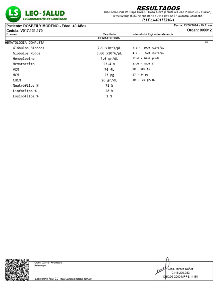 Rosbeily Moreno 40 A 13-06-2024 000012 | PDF | Hematología | Sangre