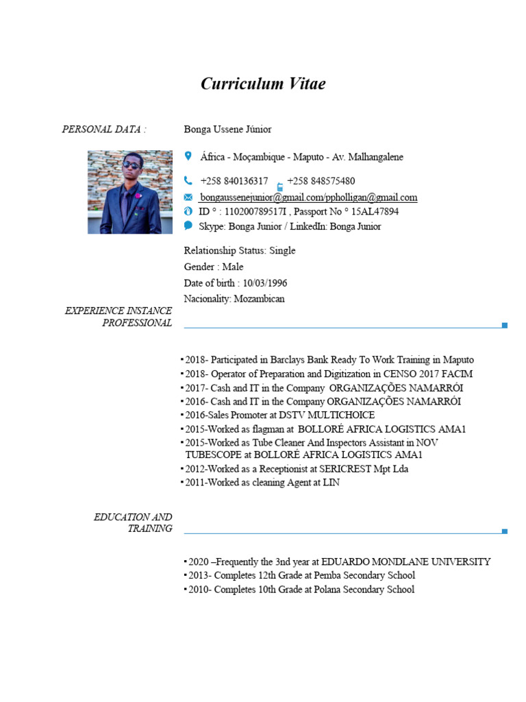 Bonga Ussene Junior Curriculum Vitae in English | PDF