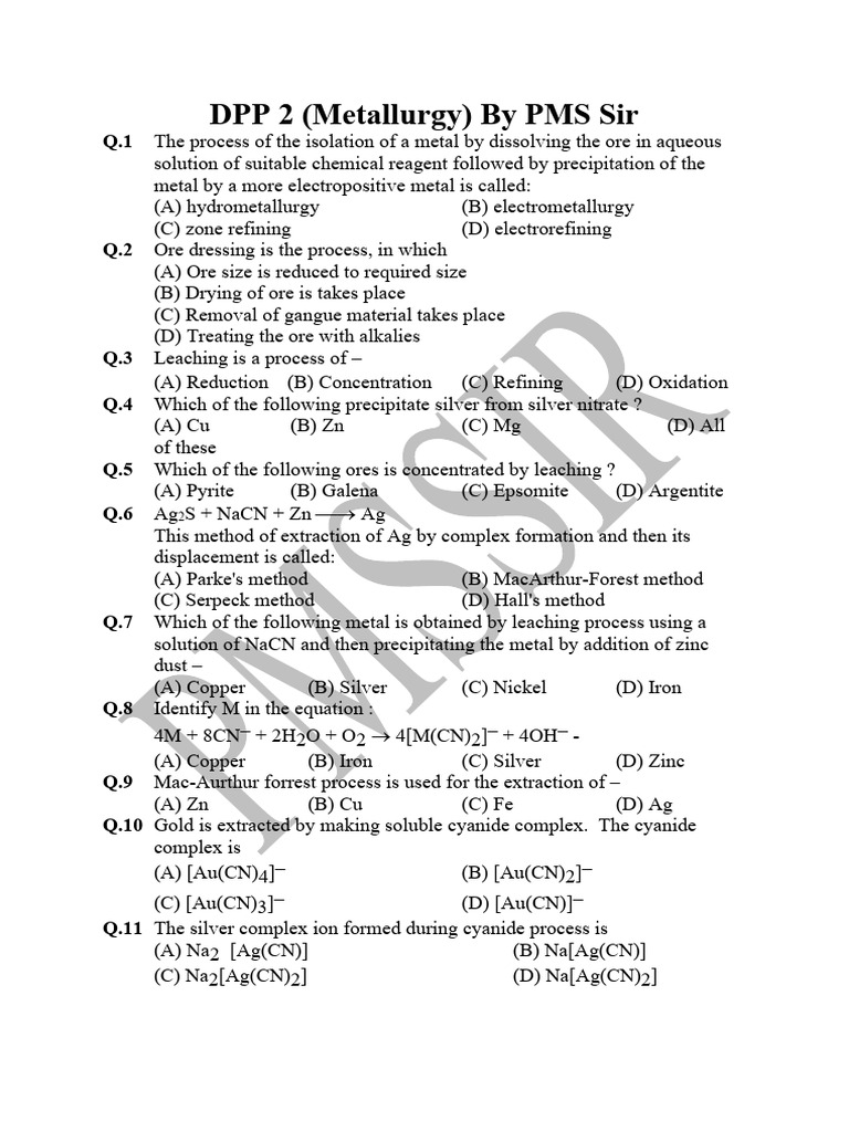 DPP 2 Metallurgy | PDF | Ore | Cyanide