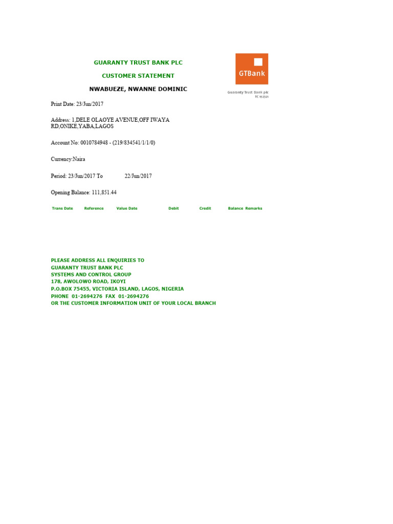 Nwabueze, Nwanne Dominic: Guaranty Trust Bank PLC Customer Statement | PDF