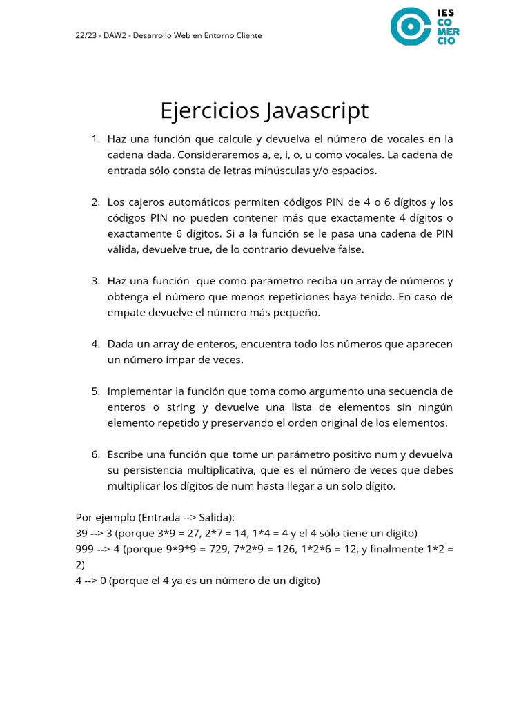 Ejercicios Javascript | PDF | Matriz (Matemáticas) | Función (Matemáticas)