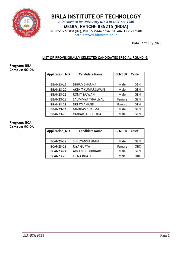 BBA & BCA 2023 Special Round - 3 SELECTION LIST ALL | PDF