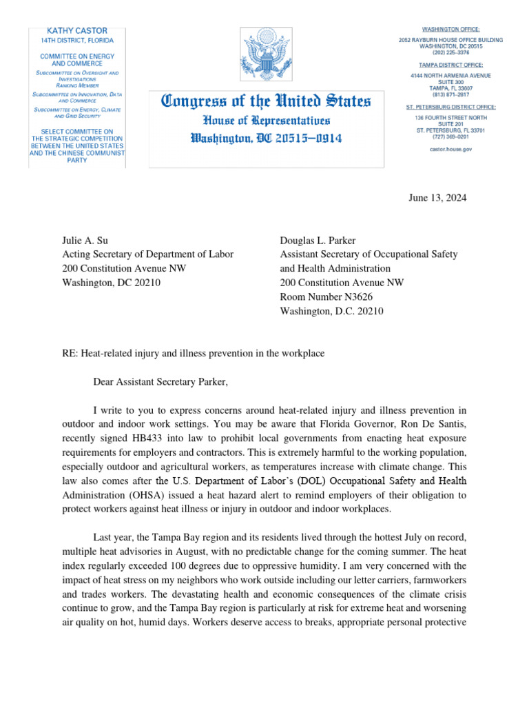 Heat Injury Prevention Advocacy Letter | PDF | Occupational Safety And ...