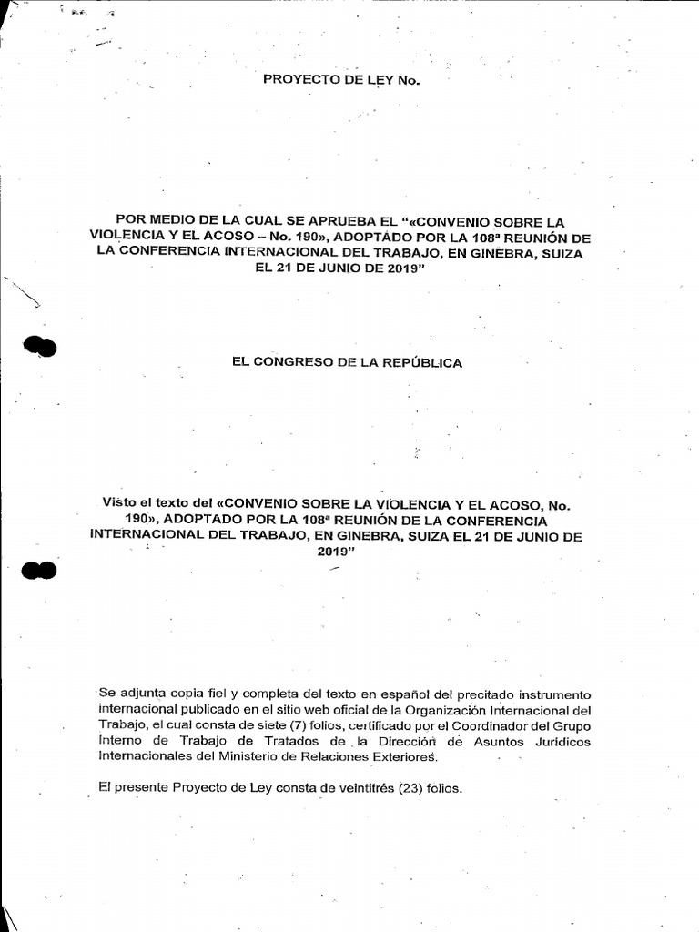 Proyecto de Ley 217 de 2024 Ratificación Del Convenio 190 de La OIT ...