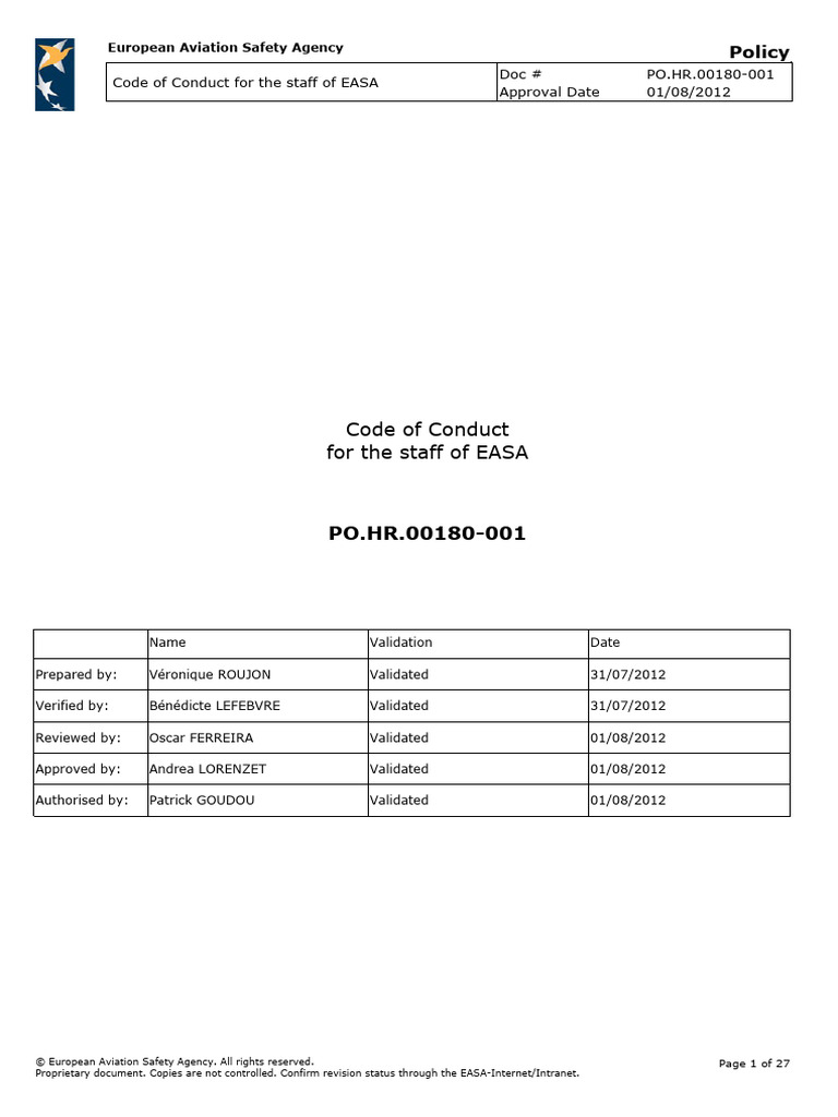 Docs Quality PO - hr.00180 Code of Conduct For The Staff of EASA | PDF ... Docs Quality PO - hr.00180 Code of Conduct For The Staff of EASA | PDF ...