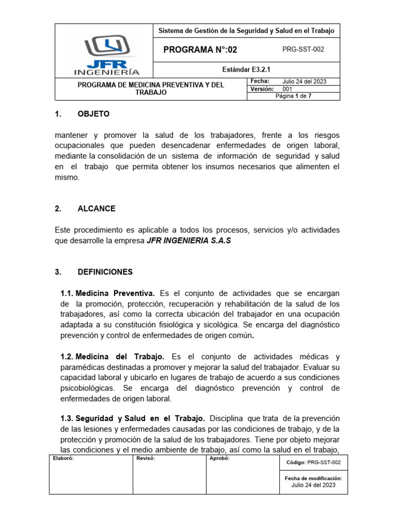 PRG-SST-002 Programa de Medicina Preventiva y Del Trabajo | PDF | Seguridad y salud ocupacional ...