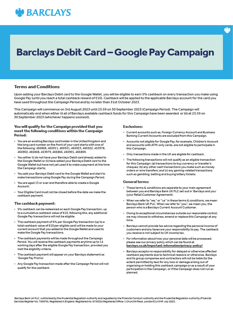 Barclays Google Pay Cashback Offer | PDF | Credit Card | Transaction ...