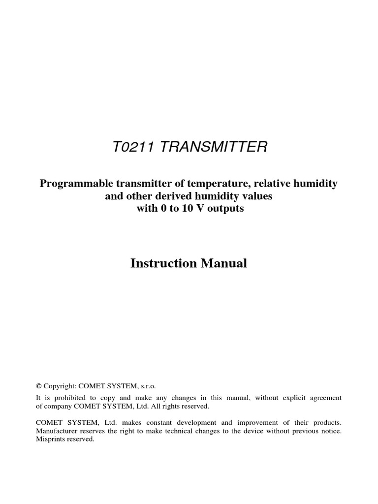 Comet Manual Datasheet t0211-09 Sensor de Humedad | PDF | Humidity | Electrical Connector