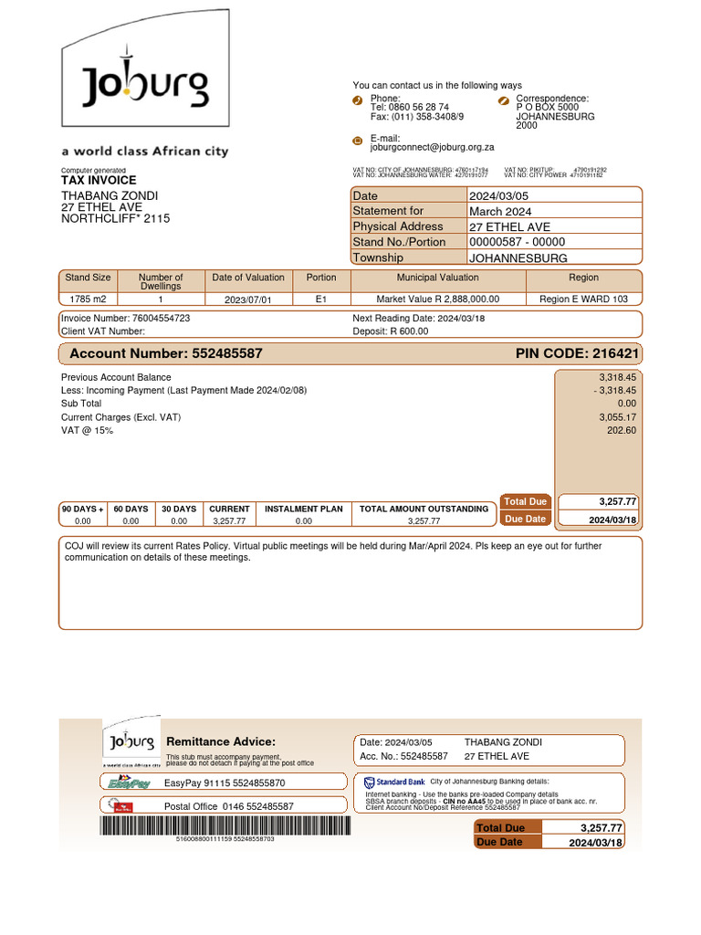 Johannesburg Utility Bill Details | PDF | Value Added Tax | Debit Card