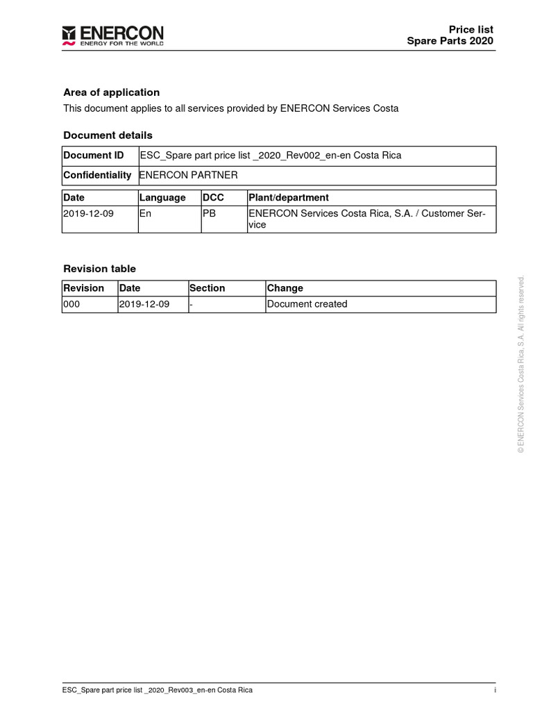 ESC - Spare Part Price List - 2020 - Rev002 - En-En Costa Rica v3 | PDF ...