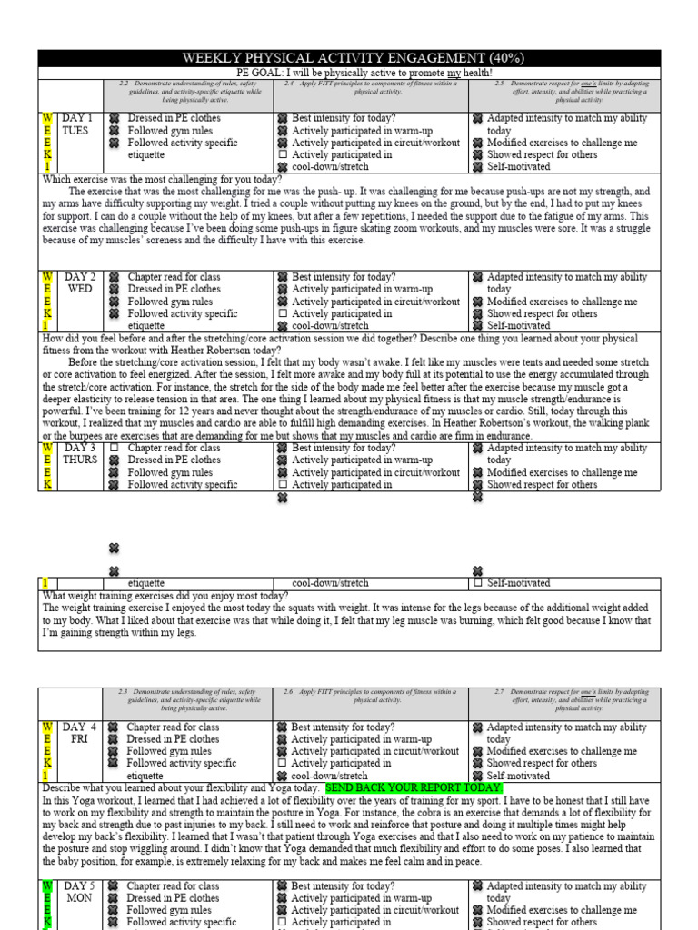 Weekly Physical Activity Engagement Plan | PDF | Physical Fitness ...