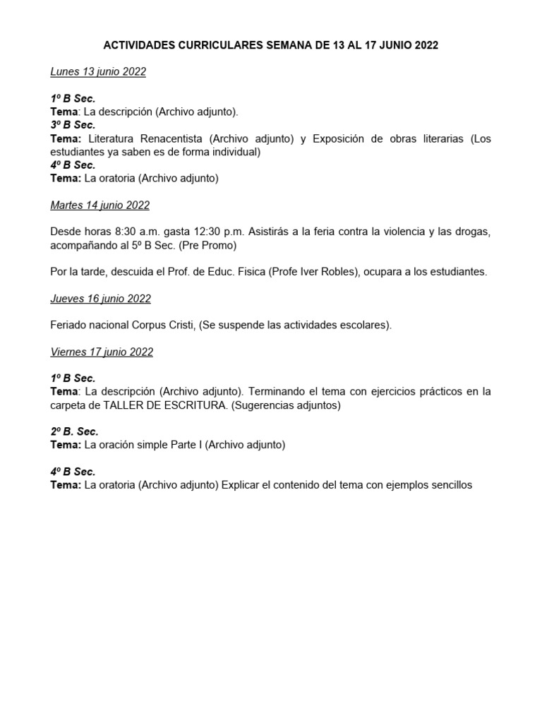 Actividades Curriculares Semana de 13 Al 17 Junio 2022 | PDF | Oración ...