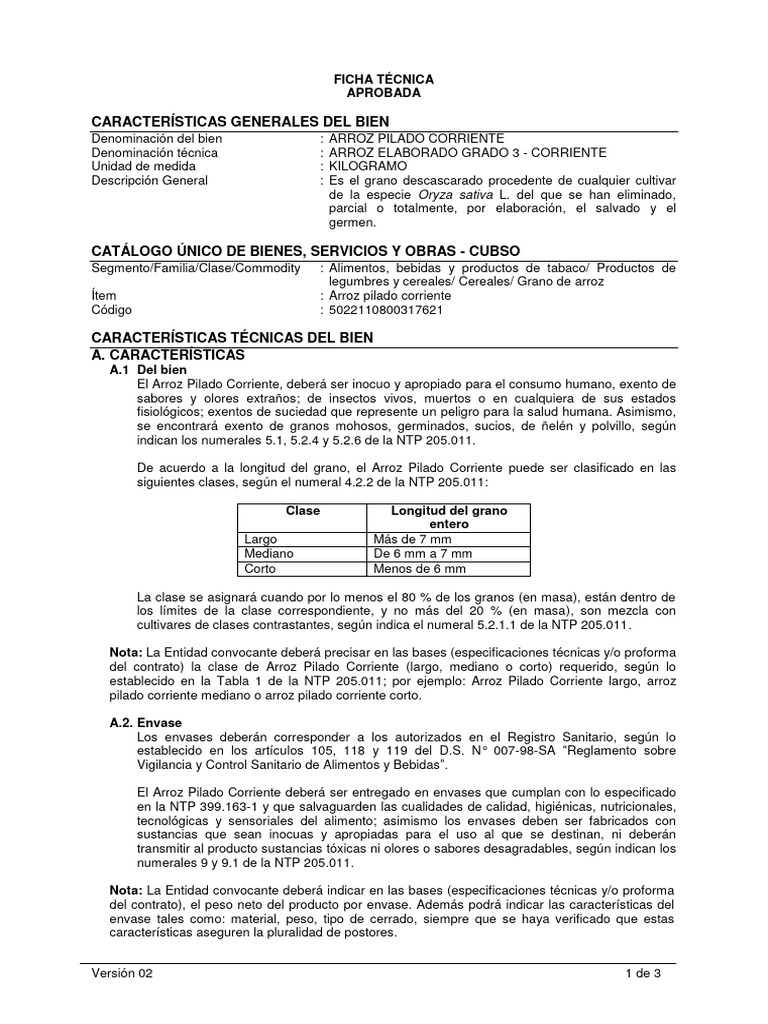 Ficha Técnica de Arroz Pilado Corriente | PDF | Arroz | Alimentos