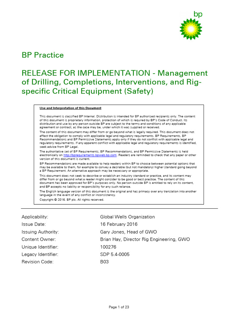 Management of Critical Equipment (Safety) On Drilling Rigs | PDF | Safety | Bp