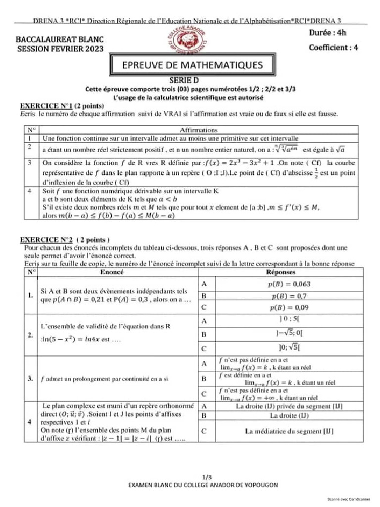 Sujet+bareme Bac Blanc Février 2023 Anador | PDF