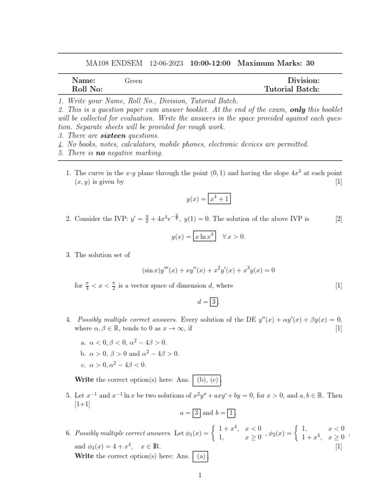 Endsem Solutions - Green | PDF | Differential Equations | Applied Mathematics