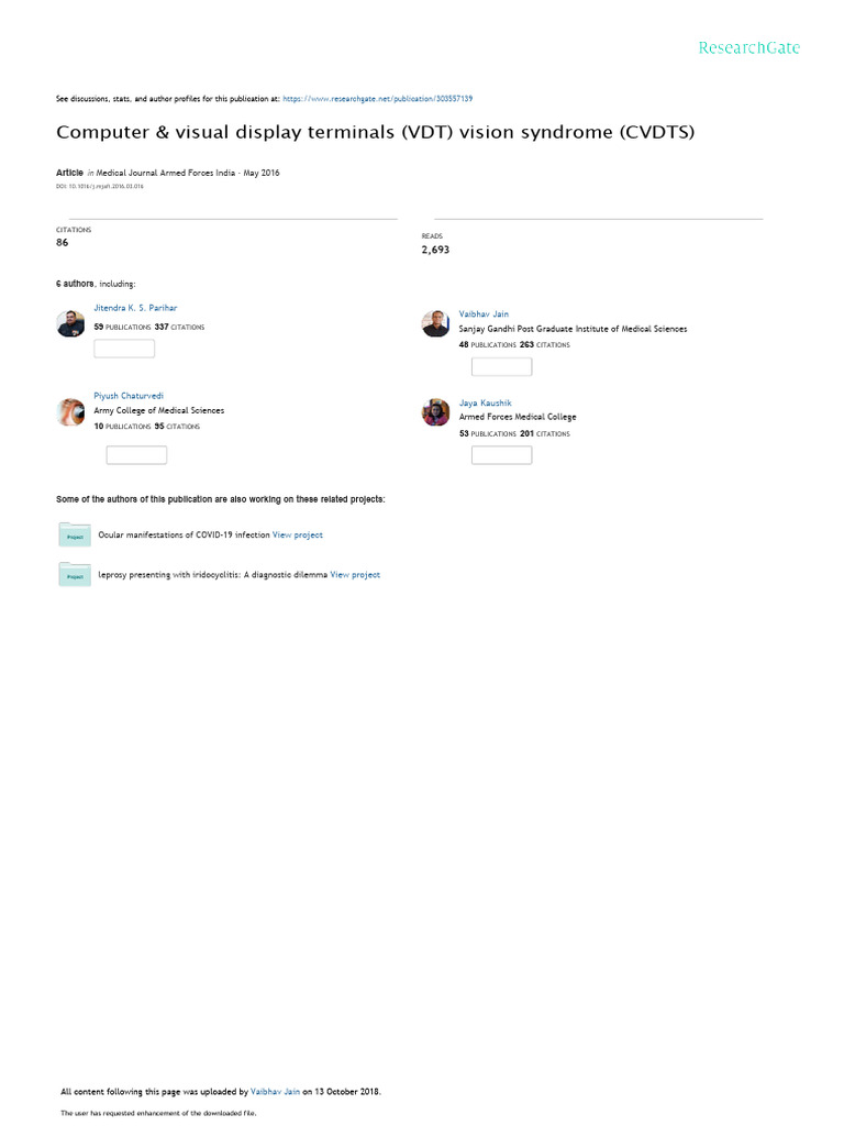 Computer and Visual Display Terminals (VDT) Vision Syndrome (CVDTS ...