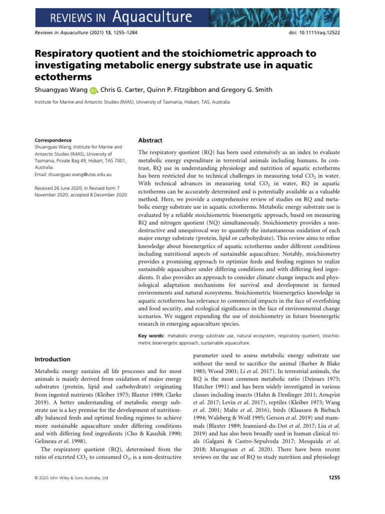Respiratory Quotient and The Stoichiometric Approach To Investigating ... Respiratory Quotient and The Stoichiometric Approach To Investigating ...