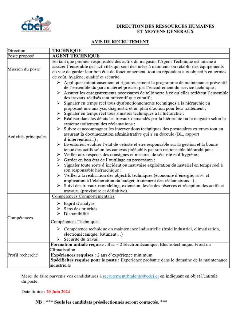 Recrutement Agent Technique en Maintenance | PDF | Recrutement | Sécurité