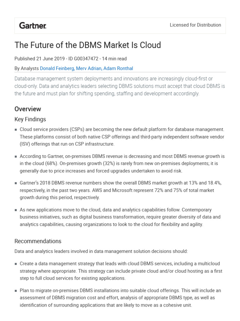 Gartner-The Future of DBMS Is Cloud | Download Free PDF | Cloud Computing | Databases